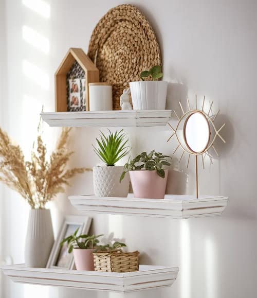GYJZIFW Floating Shelves Wall Mounted Set of 3 ,Rrustic Wood Wall Shelves White for Bedroom, Bathroom, Living Room, Kitchen, Laundry Room Wall Decor