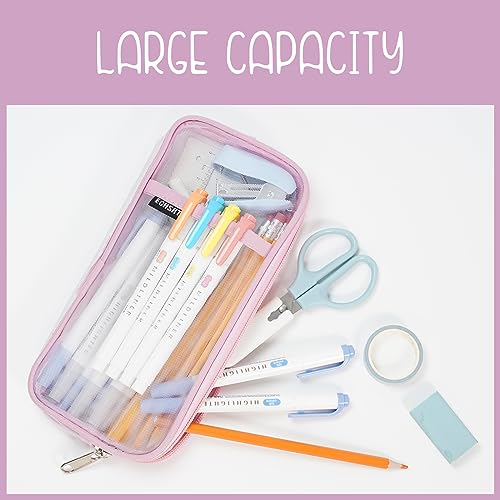 ECHSRT Mesh Pencil Case for Girls With Zipper, Grid Clear Pencil Pouch for Kids Students Teens Boys Adults, Small Transparent Pen Bag for School Office Travel, Pink