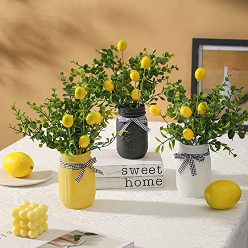Lemon Mason Jars Centerpiece for Table, Wood Tray with 3 Painted Jars, Dining Coffee Table Centerpiece For Kitchen, Living Room, Spring Mason Jar Decor with Lemon