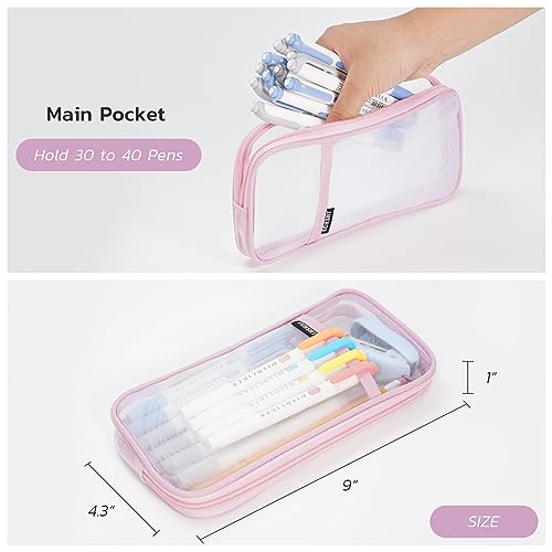 ECHSRT Mesh Pencil Case for Girls With Zipper, Grid Clear Pencil Pouch for Kids Students Teens Boys Adults, Small Transparent Pen Bag for School Office Travel, Pink