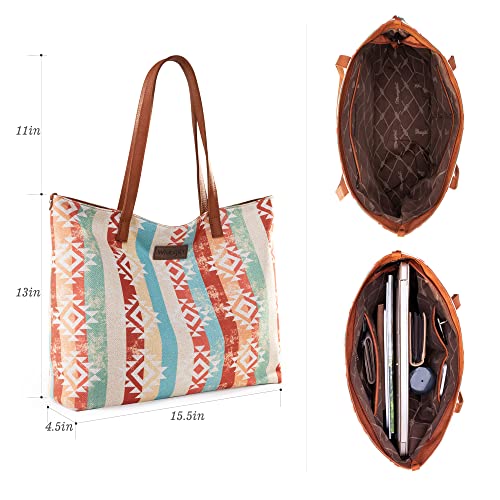 Wrangler Tote Bag for Women Aztec Printed Canvas Shoulder Handbags Large Hobo Handbags Genuine Leather Shoulder Strap,WG53-8112BR