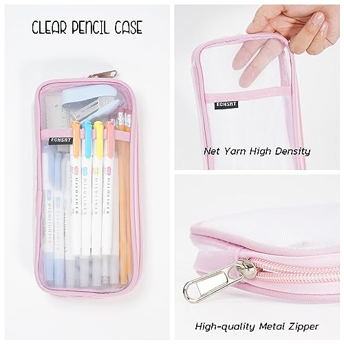 ECHSRT Mesh Pencil Case for Girls With Zipper, Grid Clear Pencil Pouch for Kids Students Teens Boys Adults, Small Transparent Pen Bag for School Office Travel, Pink