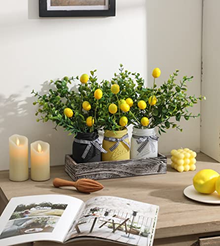 Lemon Mason Jars Centerpiece for Table, Wood Tray with 3 Painted Jars, Dining Coffee Table Centerpiece For Kitchen, Living Room, Spring Mason Jar Decor with Lemon