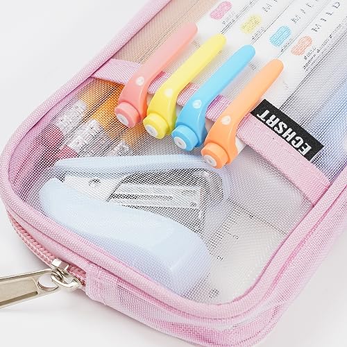 ECHSRT Mesh Pencil Case for Girls With Zipper, Grid Clear Pencil Pouch for Kids Students Teens Boys Adults, Small Transparent Pen Bag for School Office Travel, Pink