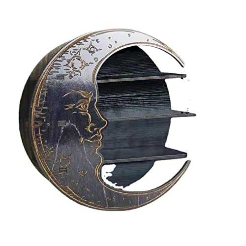 Moon Crystal Storage Rack Wall Mount Decorative 10x10 Inch, Wooden Floating Shelf Swing Mount Living Room Bedroom Bathroom Kitchen, Wood Crescent-Oil Rack,Black
