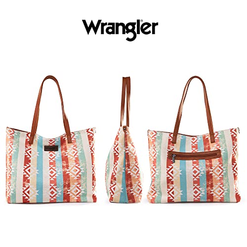 Wrangler Tote Bag for Women Aztec Printed Canvas Shoulder Handbags Large Hobo Handbags Genuine Leather Shoulder Strap,WG53-8112BR
