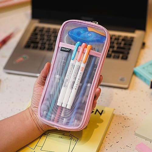 ECHSRT Mesh Pencil Case for Girls With Zipper, Grid Clear Pencil Pouch for Kids Students Teens Boys Adults, Small Transparent Pen Bag for School Office Travel, Pink