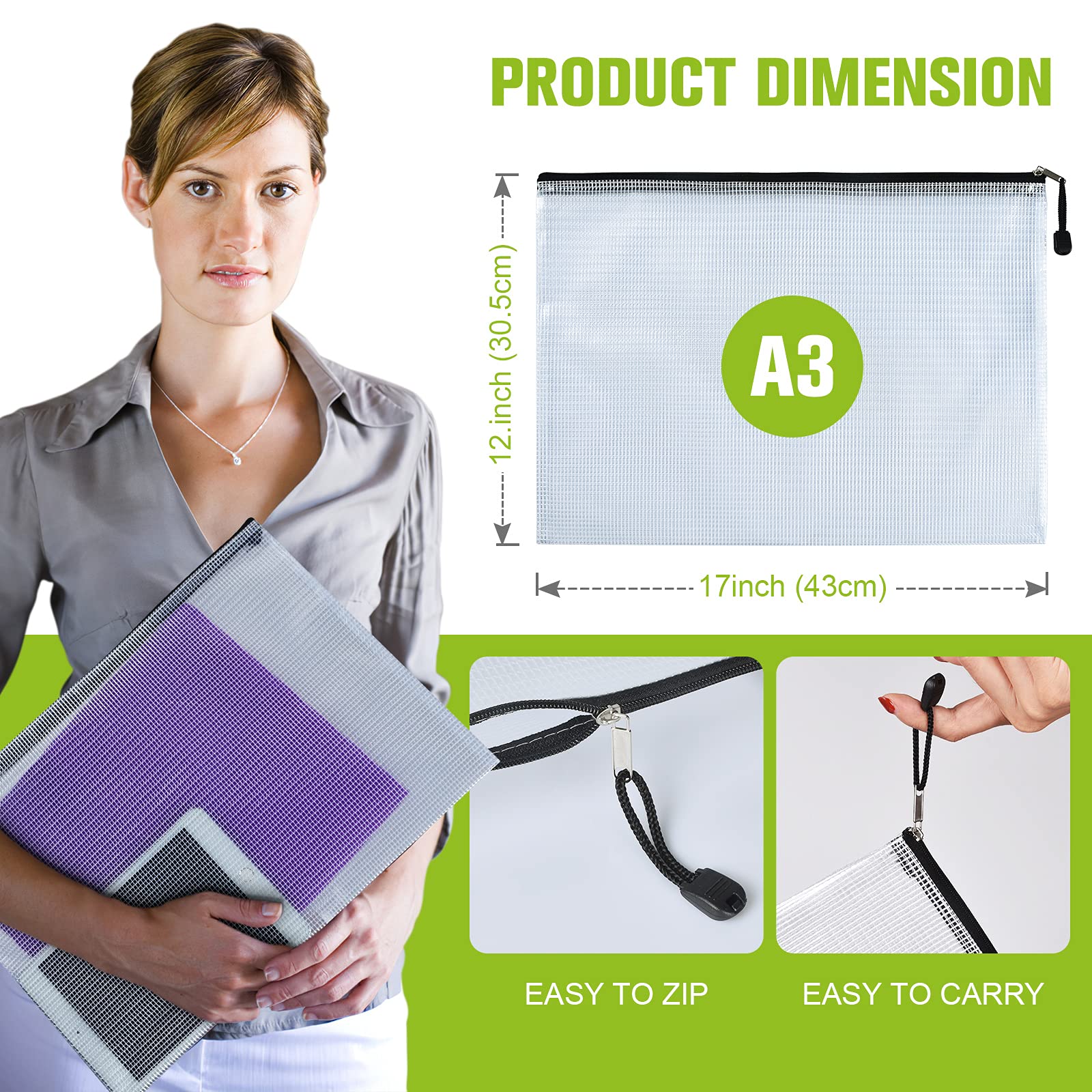 Mesh Zipper Pouch, 6PCS Waterproof Plastic Mesh Zipper Bag, A3 Size Tear-Resistant Document Pouch, Extra Large Zip File Bags, for School Office Supplies Home Travel Storage(17×12 Inch)