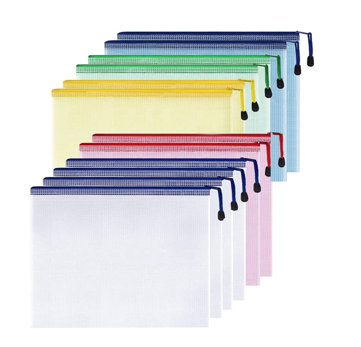 ZYHW Mesh Zipper Pouch, 16.9x12.4 in (5 Colors, 12 Packs), Plastic Zipper Bags, Waterproof Zipper Pouches for School Office Supplies, Puzzles, Board Games & Cross Stitch Projects