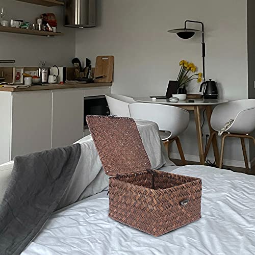 Cabilock Home Storage Basket 3 pieces Woven Basket Seagrass wicker basket with lid Decorative Storage Boxes With Lids Basket With Lid Rattan Storage Basket Rattan Storage Basket