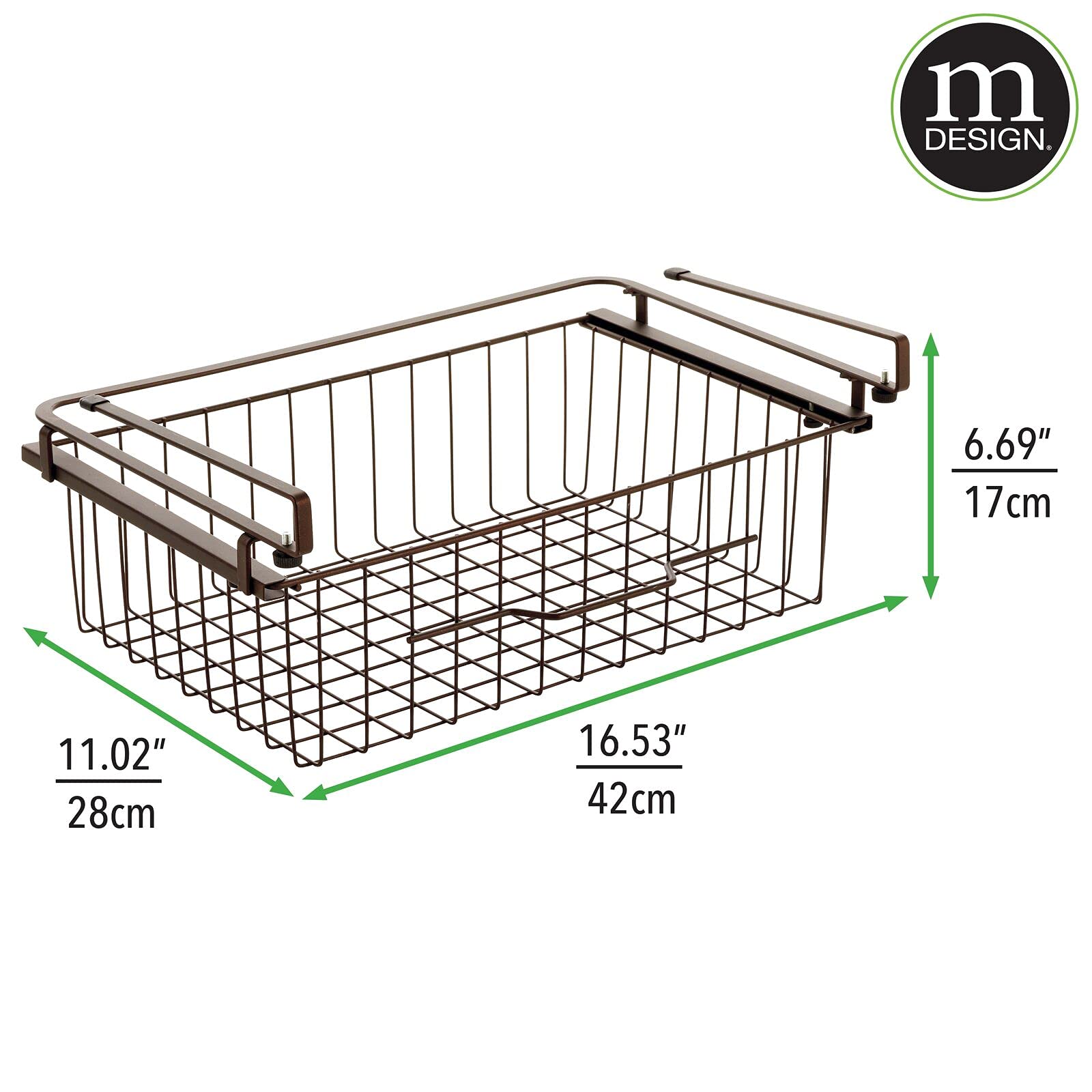 mDesign Large Metal Wire Hanging Pullout Drawer Basket - Sliding Under Shelf Storage Organizer - Attaches to Shelving - Easy Install - 4 Pack - Bronze