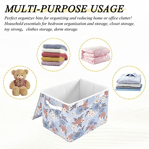 Kigai Storage Basket Floral Pattern Storage Boxes with Lids and Handle, Large Storage Cube Bin Collapsible for Shelves Closet Bedroom Living Room, 16.5x12.6x11.8 In