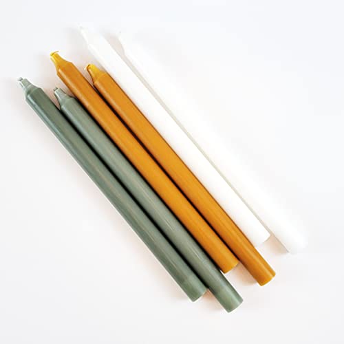 Anacua House | Assorted Colored Taper Candles | Premium 12in Stick Candle | Thin | Solid Color | 6 Pack | Meadow- Sage, Harvest Gold, and White