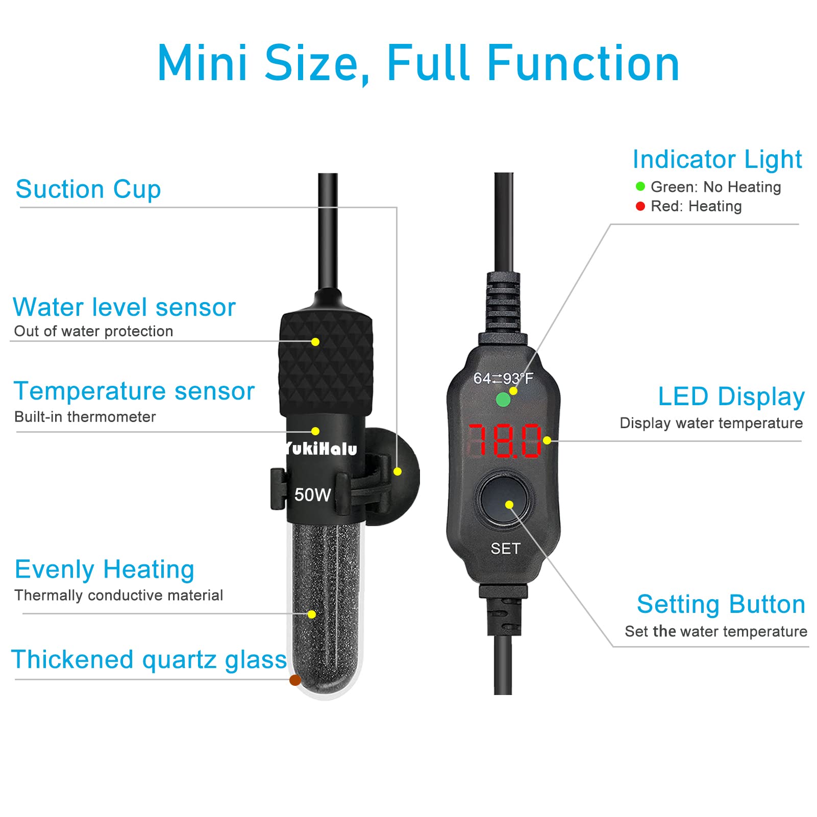 YukiHalu Small Submersible Aquarium Heater, Adjustable Mini Fish Tank Heater 25W 50W 100W 200W 300W with External Temperature Controller, LED Display, Used for 5/10/20/40/60 Gallons (50 Watts)