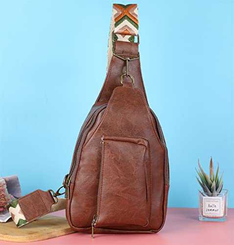 Mzjeaziany Women Chest Bag Sling Bag Small Crossbody PU Leather Satchel Daypack Shoulder backpack with coffee pocket for traveling hiking…(coffee pocket)