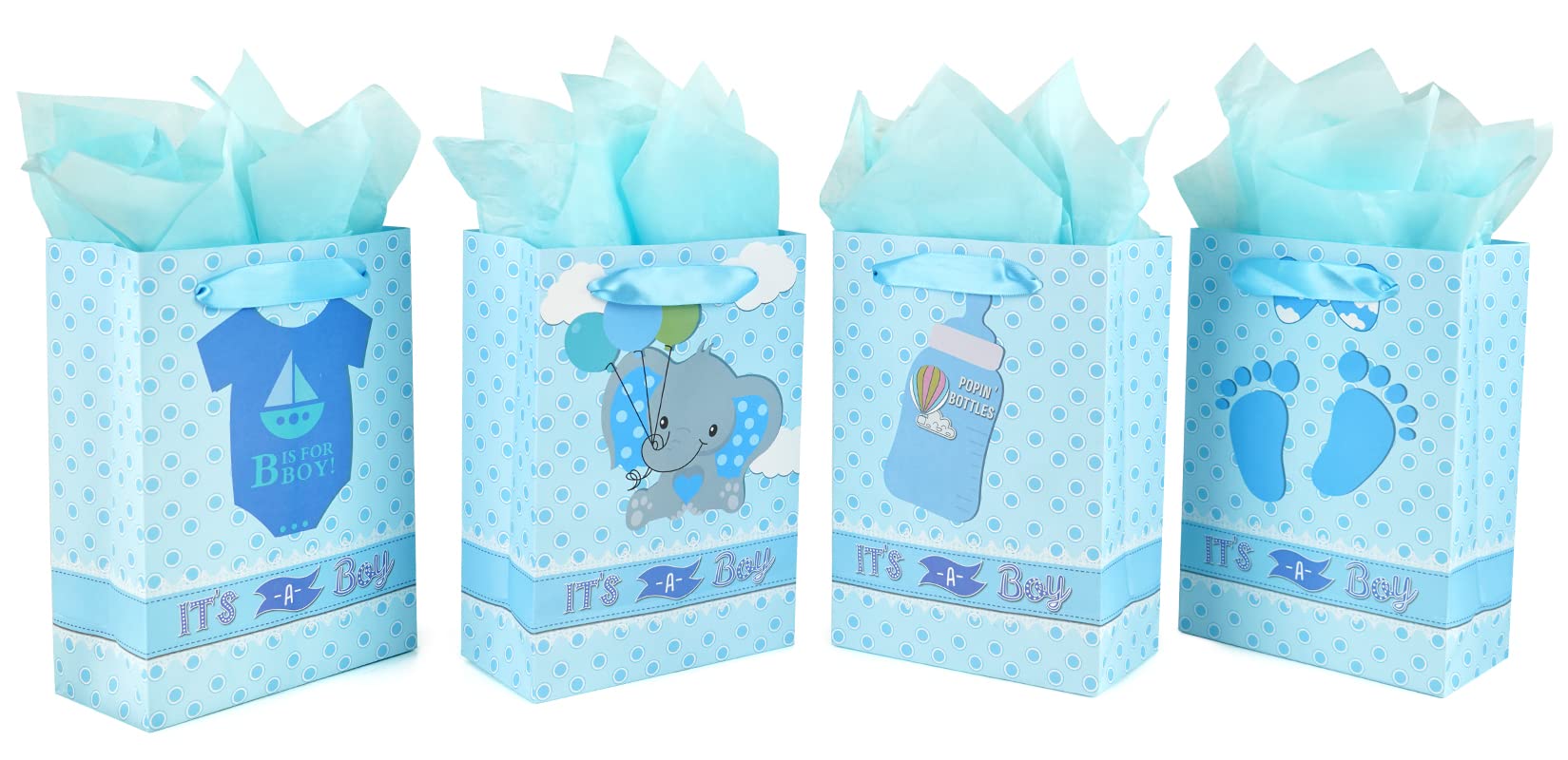 Dragonfy 16 PCS Baby Shower Bags for Boys - Medium Paper Gift Bags with Gift Wrapping Paper, Baby Shower Party Favors for Guests Baby Birthday Treat Bags(It’s a Boy!), blue