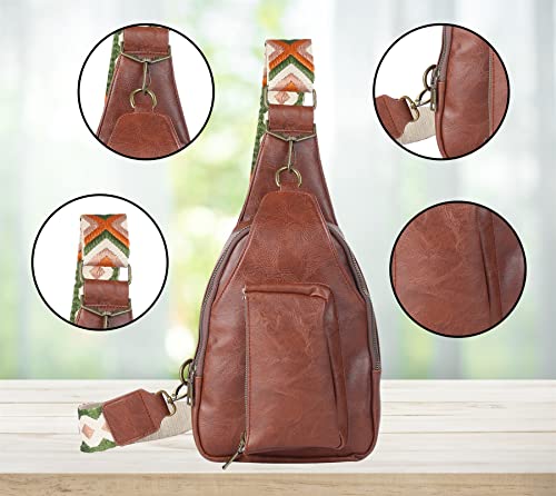 Mzjeaziany Women Chest Bag Sling Bag Small Crossbody PU Leather Satchel Daypack Shoulder backpack with coffee pocket for traveling hiking…(coffee pocket)