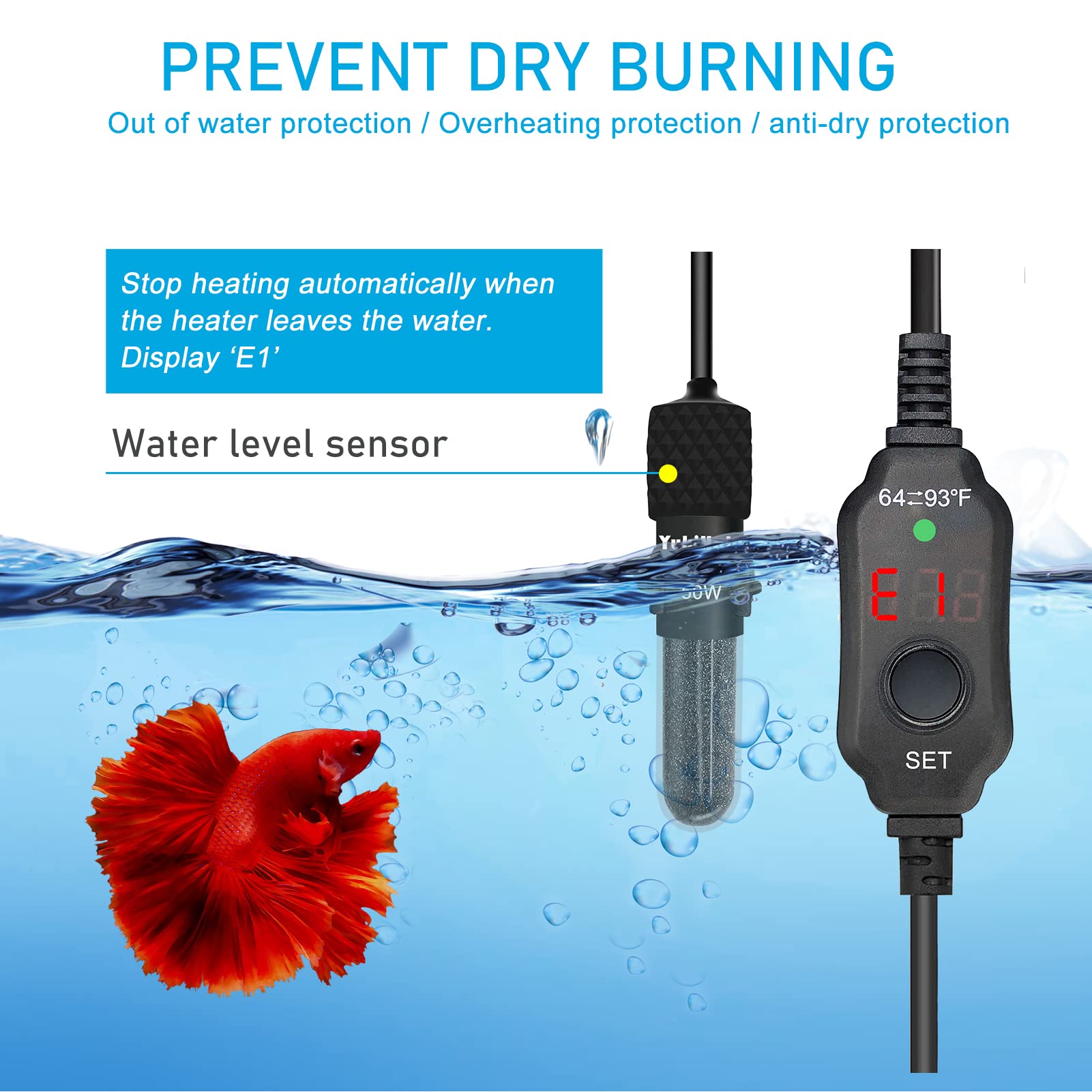 YukiHalu Small Submersible Aquarium Heater, Adjustable Mini Fish Tank Heater 25W 50W 100W 200W 300W with External Temperature Controller, LED Display, Used for 5/10/20/40/60 Gallons (50 Watts)