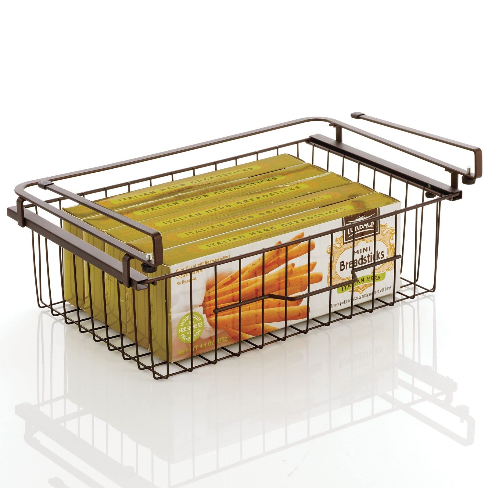 mDesign Large Metal Wire Hanging Pullout Drawer Basket - Sliding Under Shelf Storage Organizer - Attaches to Shelving - Easy Install - 4 Pack - Bronze