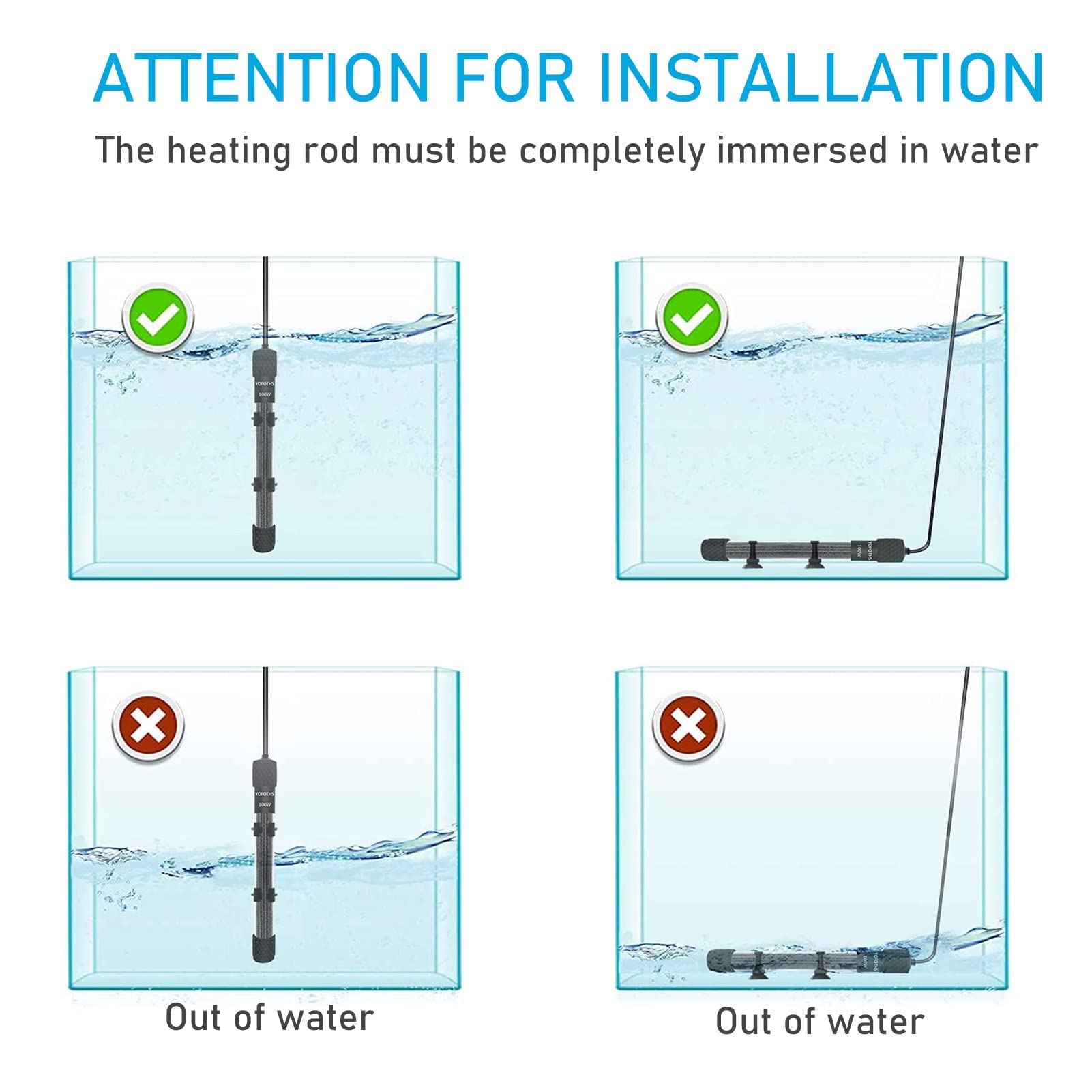 YukiHalu Small Submersible Aquarium Heater, Adjustable Mini Fish Tank Heater 25W 50W 100W 200W 300W with External Temperature Controller, LED Display, Used for 5/10/20/40/60 Gallons (50 Watts)
