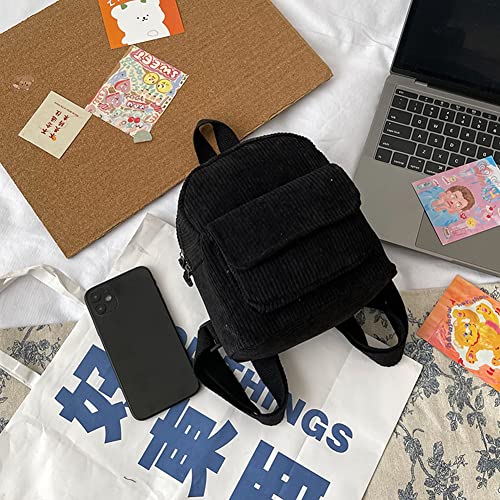 sikiwind Women Mini Backpack Corduroy Girls Bookbags Retro Travel Rucksack (Black)
