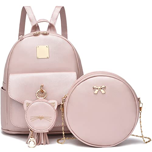BESYIGA Girls Small Kitty Backpack 3 PCS Leather Backpack Purse for Women Travel Bag Kids Backpack Mini Backpack for Girls