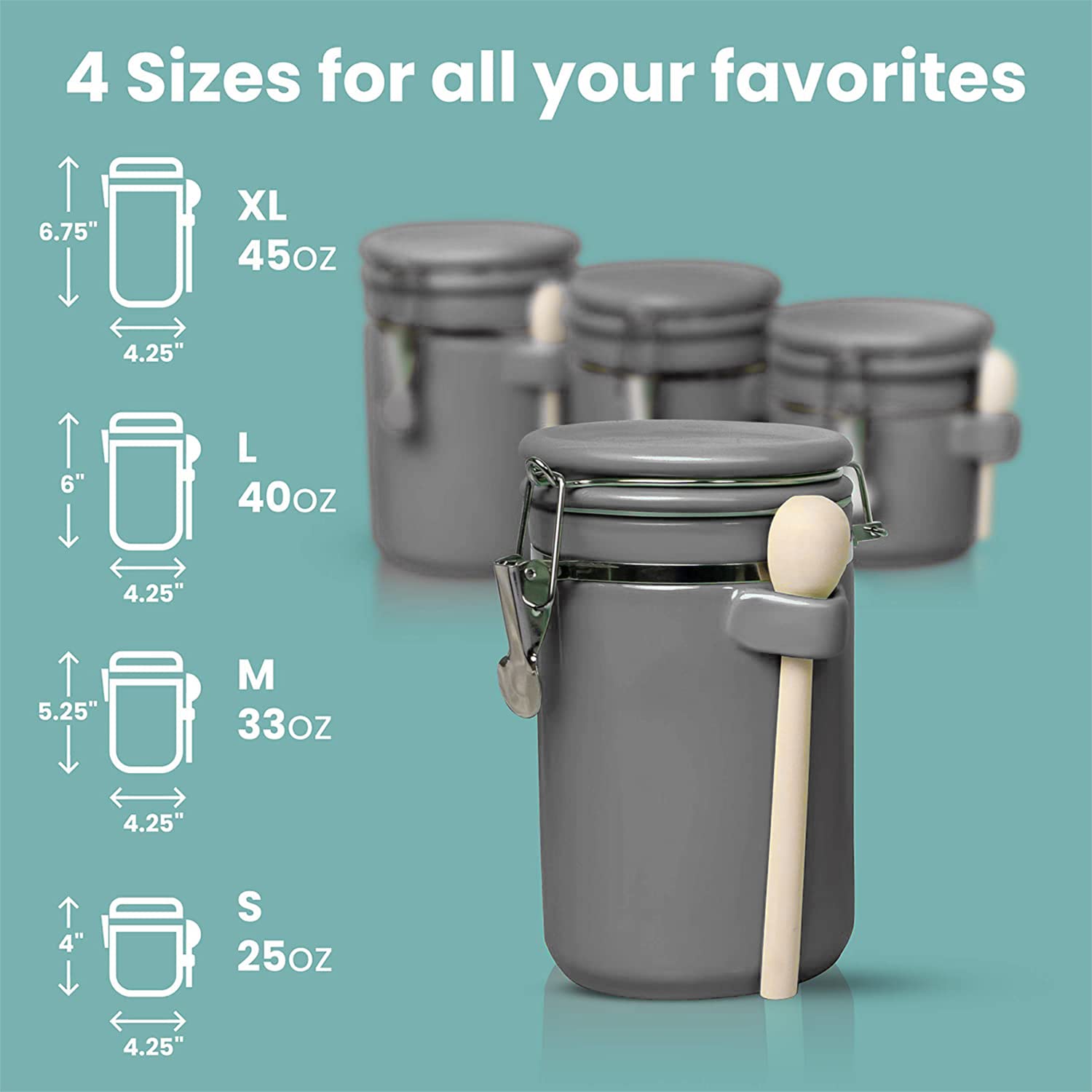 Home Intuition 4-Piece Ceramic Kitchen Canisters Set, Airtight Containers with Wooden Spoons Reusable Chalk Labels and Marker for Sugar, Coffee, Flour, Tea (Black)