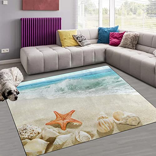Summer Ocean Beach Area Rug 4x6ft/48x72in/120x180cm,Starfish Seashells Polyester Yoga Mat for Living Dining Dorm Room Bedroom Home Carpet Decor