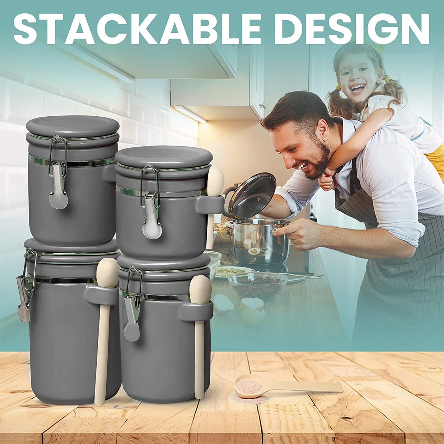 Home Intuition 4-Piece Ceramic Kitchen Canisters Set, Airtight Containers with Wooden Spoons Reusable Chalk Labels and Marker for Sugar, Coffee, Flour, Tea (Black)