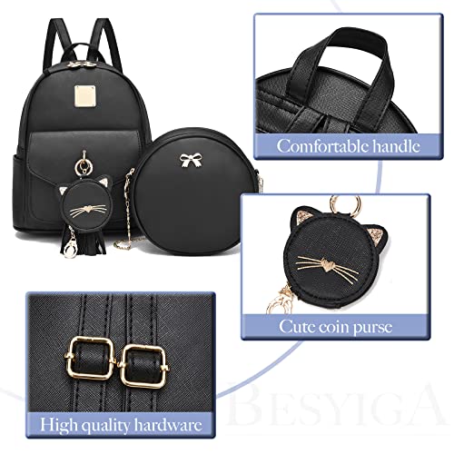 BESYIGA Girls Small Kitty Backpack 3 PCS Leather Backpack Purse for Women Travel Bag Kids Backpack Mini Backpack for Girls