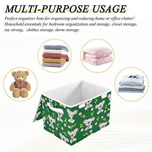 Koala Babies and Pink Flowers Storage Bin, Storage Baskets with Lids Large Organizer Collapsible Storage Bins Cube for Bedroom, Shelves, Closet, Home, Office 16.5 X 12.6 X 11.8 Inch