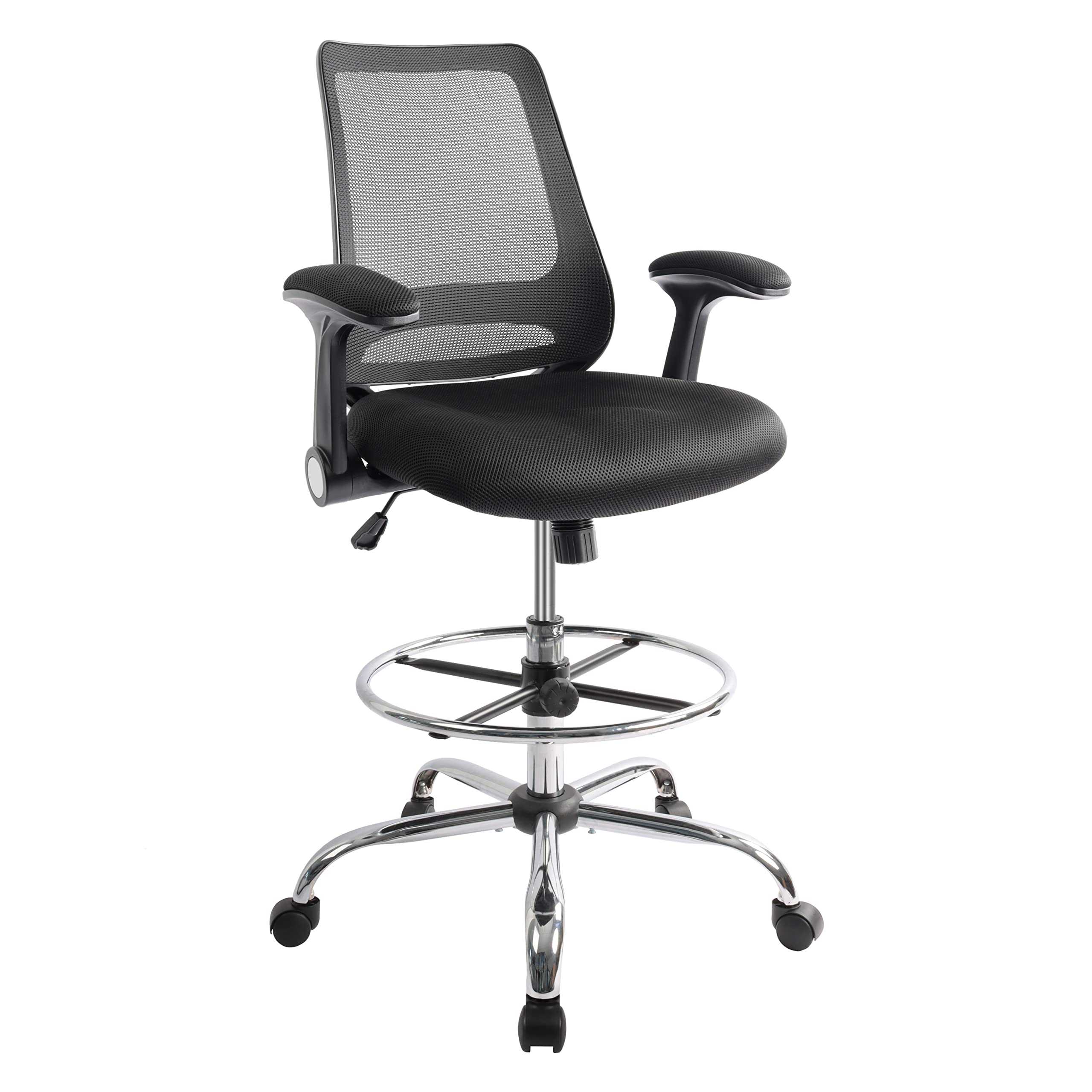 Drafting Chair, Height Adjustable Tall Office Chair, Standing Desk Chair with Adjustable Foot Ring and Flip-Up Arms, Black