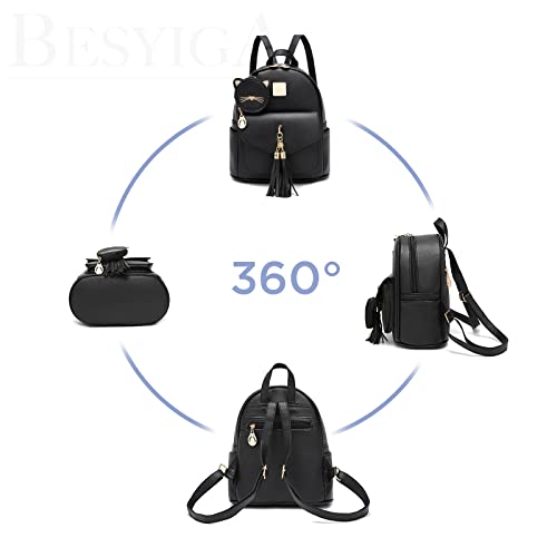 BESYIGA Girls Small Kitty Backpack 3 PCS Leather Backpack Purse for Women Travel Bag Kids Backpack Mini Backpack for Girls