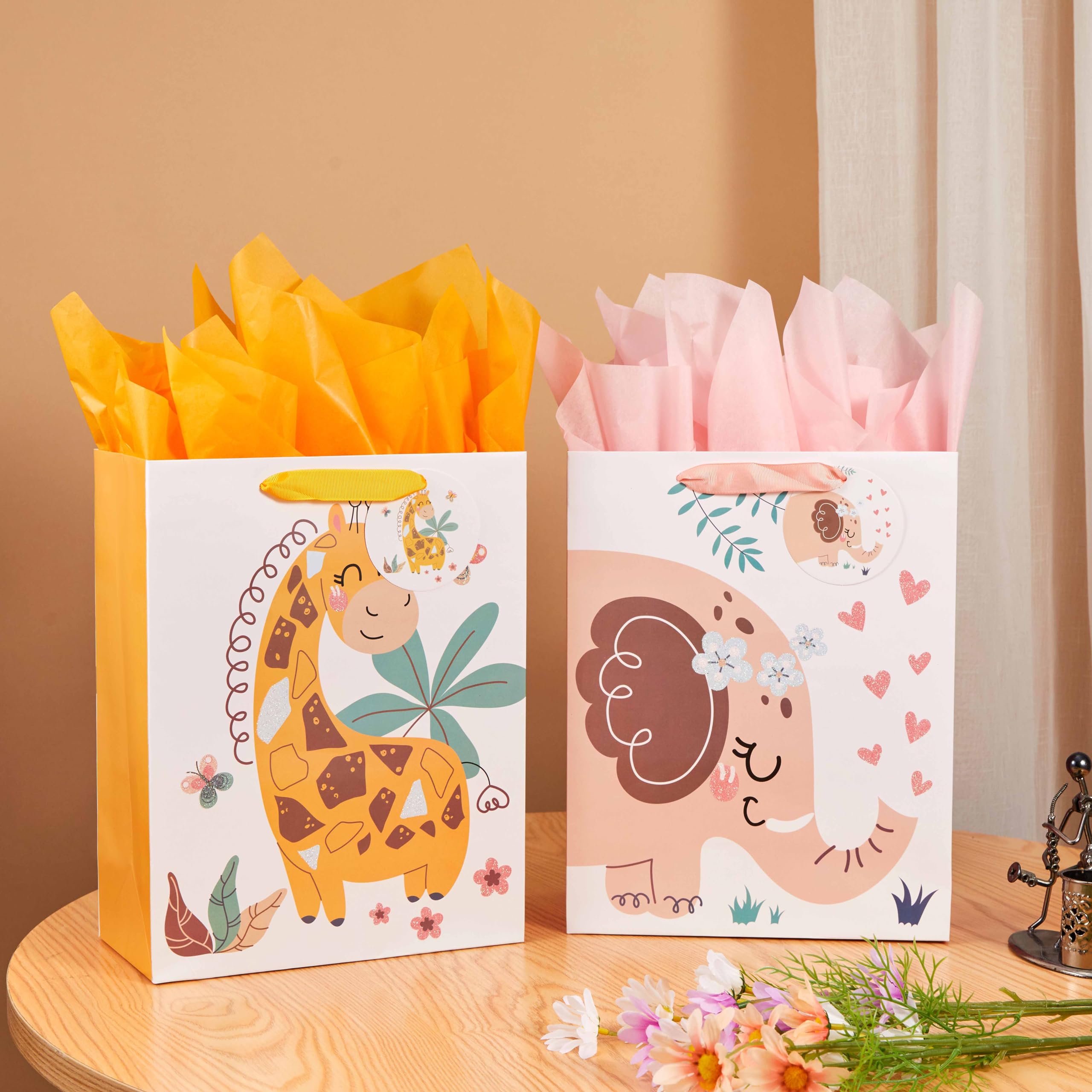 SUNCOLOR 2 Pack 13" Gift Bags for Baby with Tissue Paper