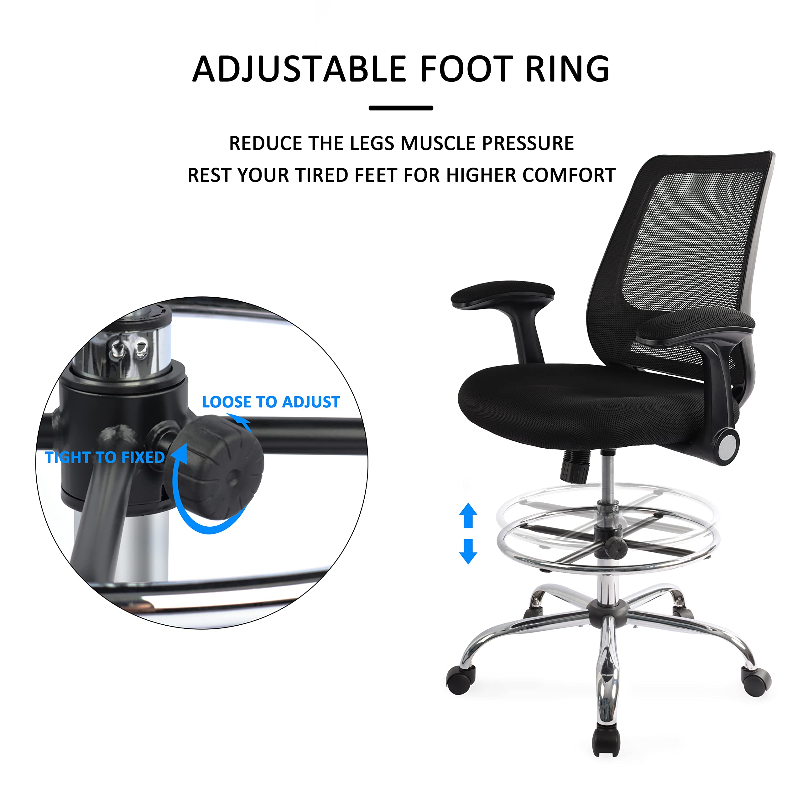 Drafting Chair, Height Adjustable Tall Office Chair, Standing Desk Chair with Adjustable Foot Ring and Flip-Up Arms, Black