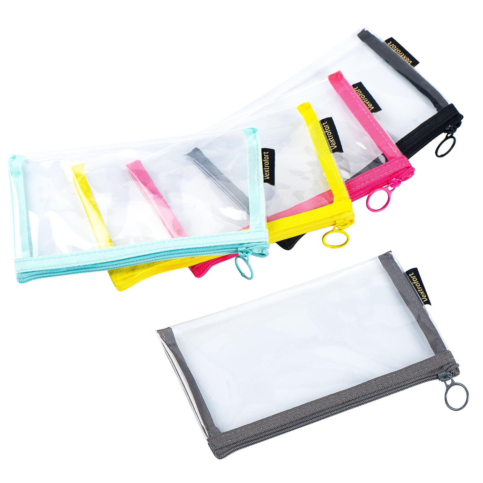 VEXTROFORT Small Makeup Pouches for Purse, Mini Clear Zipper Bag, 5 Pieces Waterproof Travel Organizer for Women Girls Waterproof (Black, Gray, Rose Red, Blue, Yellow)