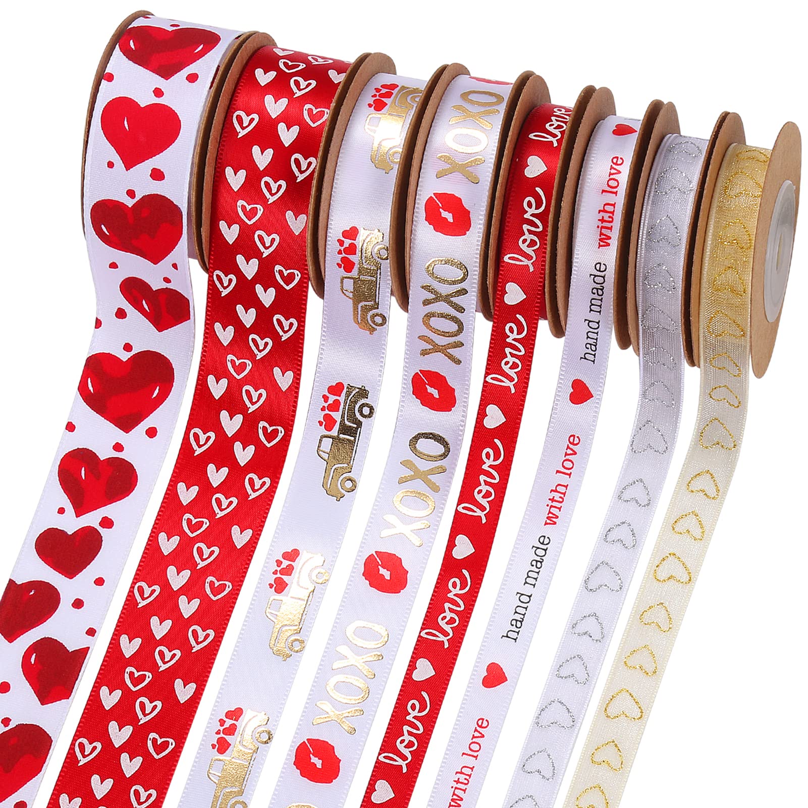 8 Rolls Hearts Ribbon Set, Valentine's Day Satin Ribbons, Printed Heart Ribbons for Gift Wrapping, Wedding Birthday Party Decorations, Crafts DIY Supplies(10mm/16mm/25mm in Width)