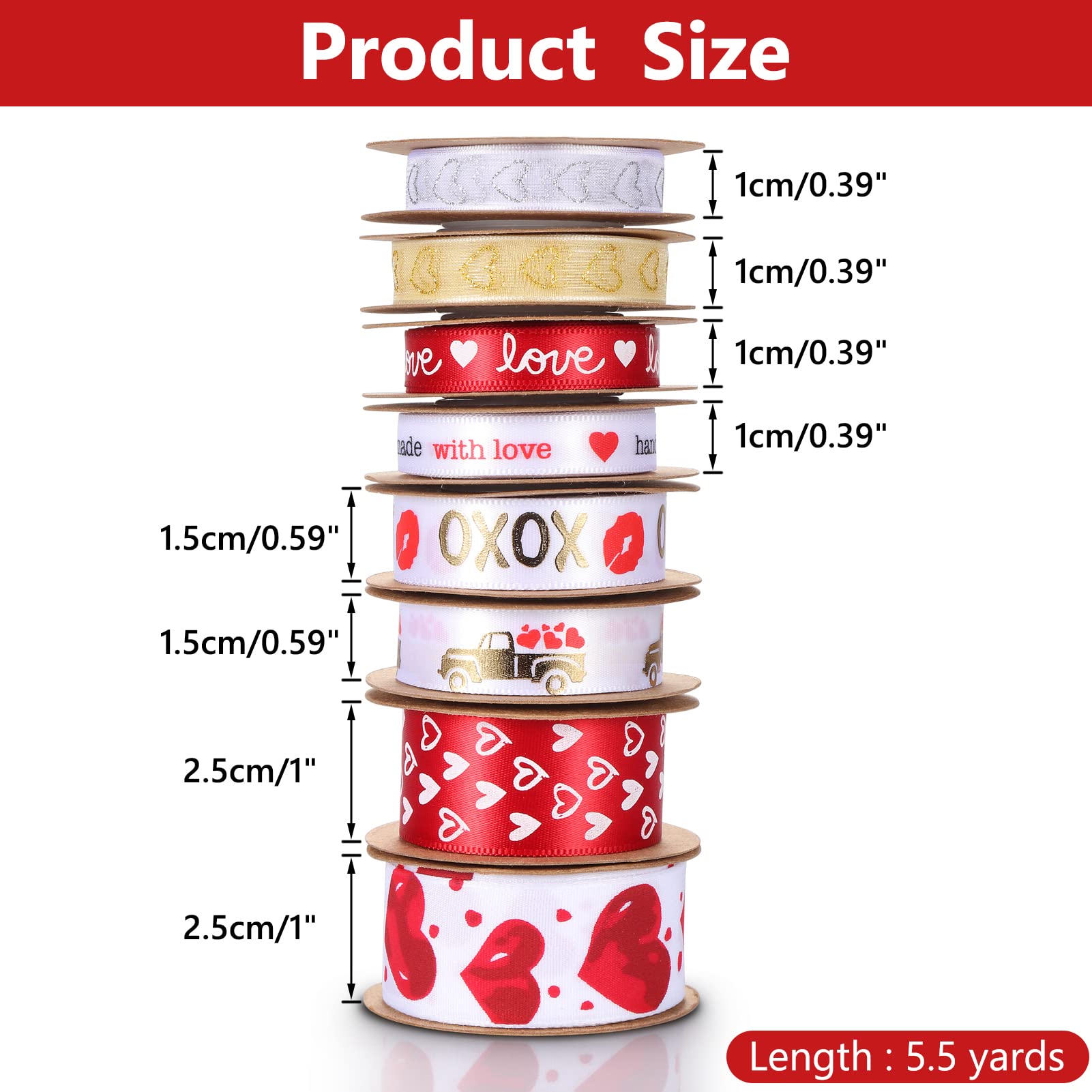 8 Rolls Hearts Ribbon Set, Valentine's Day Satin Ribbons, Printed Heart Ribbons for Gift Wrapping, Wedding Birthday Party Decorations, Crafts DIY Supplies(10mm/16mm/25mm in Width)