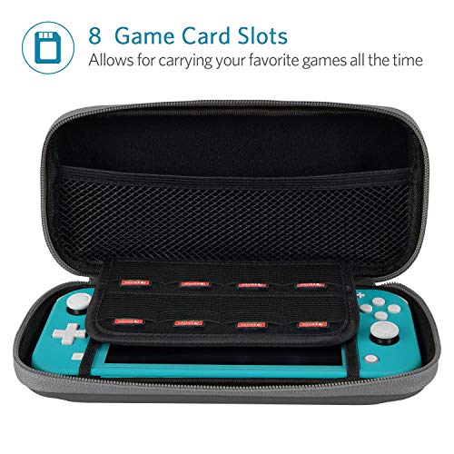 CoBak Carrying Case for Nintendo Switch Lite - with 1 Screen Protector, 1 Grip Case and 4 Thumb Grip Caps, Ultra Slim Premium EVA Travel Pouch Protective Cover, 8 Game Cartridges, Gray