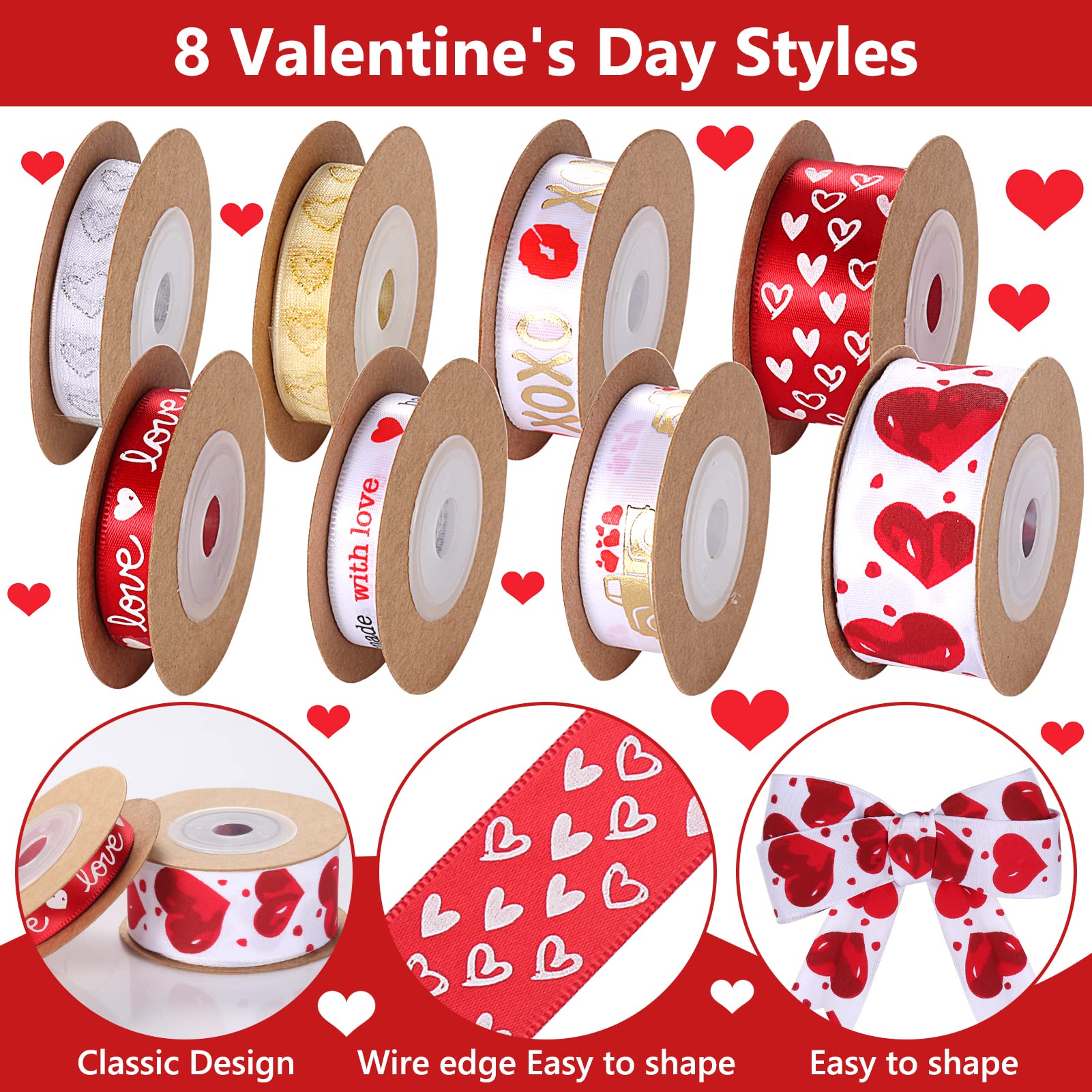 8 Rolls Hearts Ribbon Set, Valentine's Day Satin Ribbons, Printed Heart Ribbons for Gift Wrapping, Wedding Birthday Party Decorations, Crafts DIY Supplies(10mm/16mm/25mm in Width)
