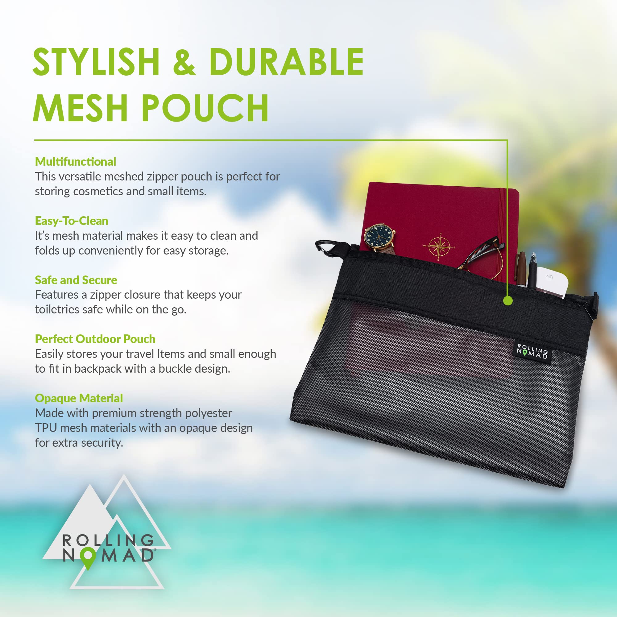Rolling Nomad Large Zipper Pouch, Water-Resistant Mesh Bag, Black Travel Organizer, Toiletry, Storage, Cosmetics, Money Purse, Accesory, 14.2x10.2x0.4