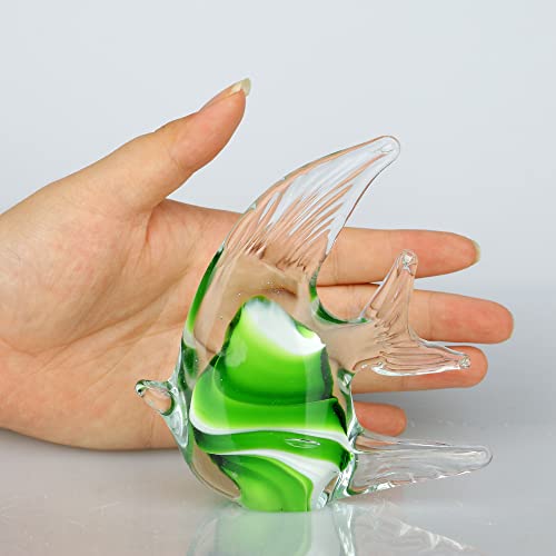 vskikris Green Hand Blown Tropical Fish Figurines Art Glass Fish Sculpture Collection for Home Decor Fish Tank Aquarium