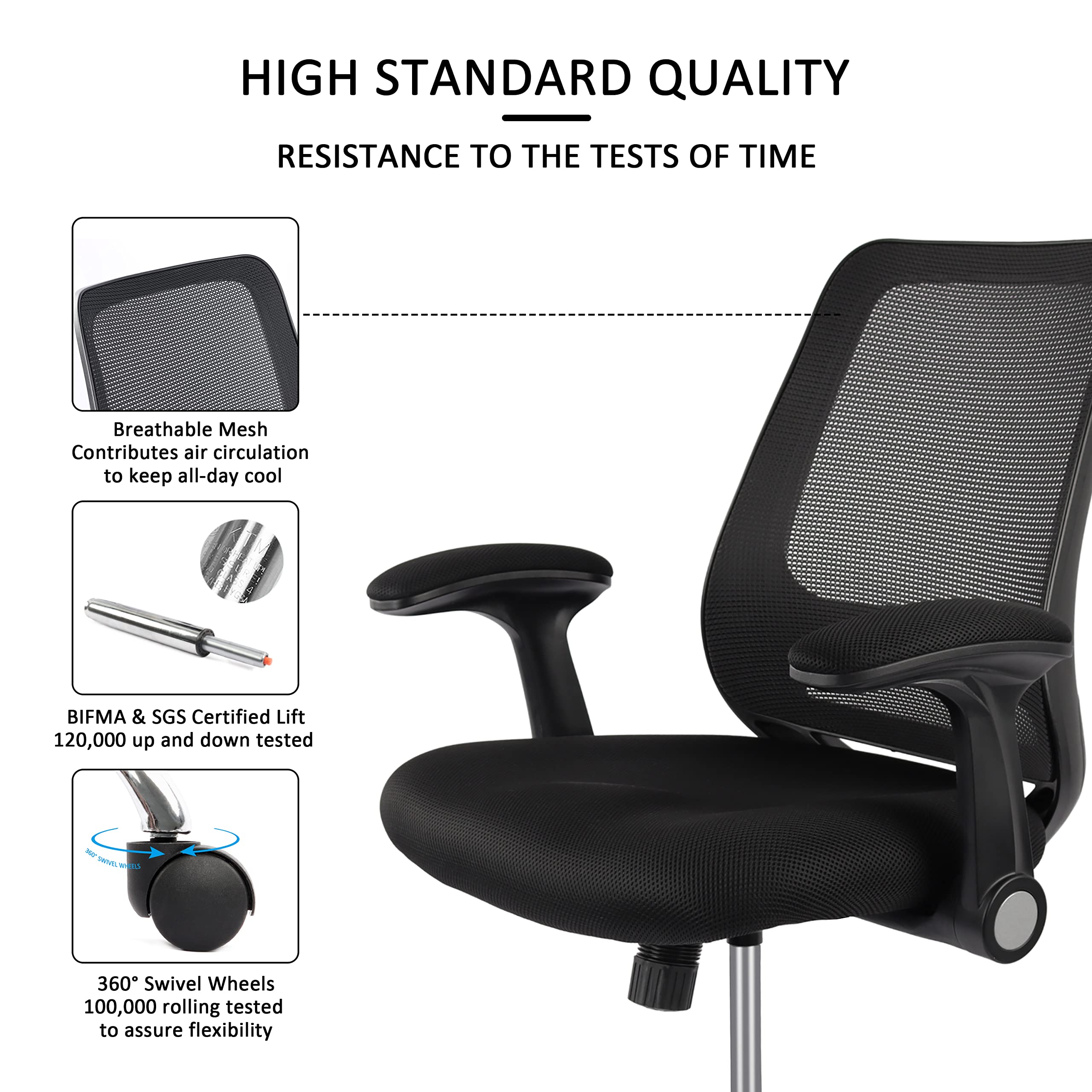 Drafting Chair, Height Adjustable Tall Office Chair, Standing Desk Chair with Adjustable Foot Ring and Flip-Up Arms, Black