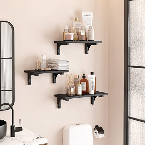 EZFurni Floating Shelves Wood for Wall,Set of 3 Rustic Floating Shelves for Storage,Wider Shelving Wall Mounted for Kitchen, Bedroom, Bathroom,Black