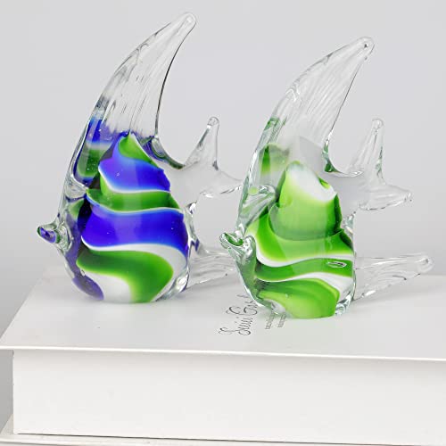 vskikris Green Hand Blown Tropical Fish Figurines Art Glass Fish Sculpture Collection for Home Decor Fish Tank Aquarium