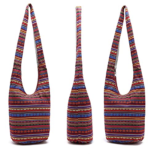 LingTang Women Hippie Shoulder Bags Large Purses Ethnic Tote Handbag Travel Bag (Red)