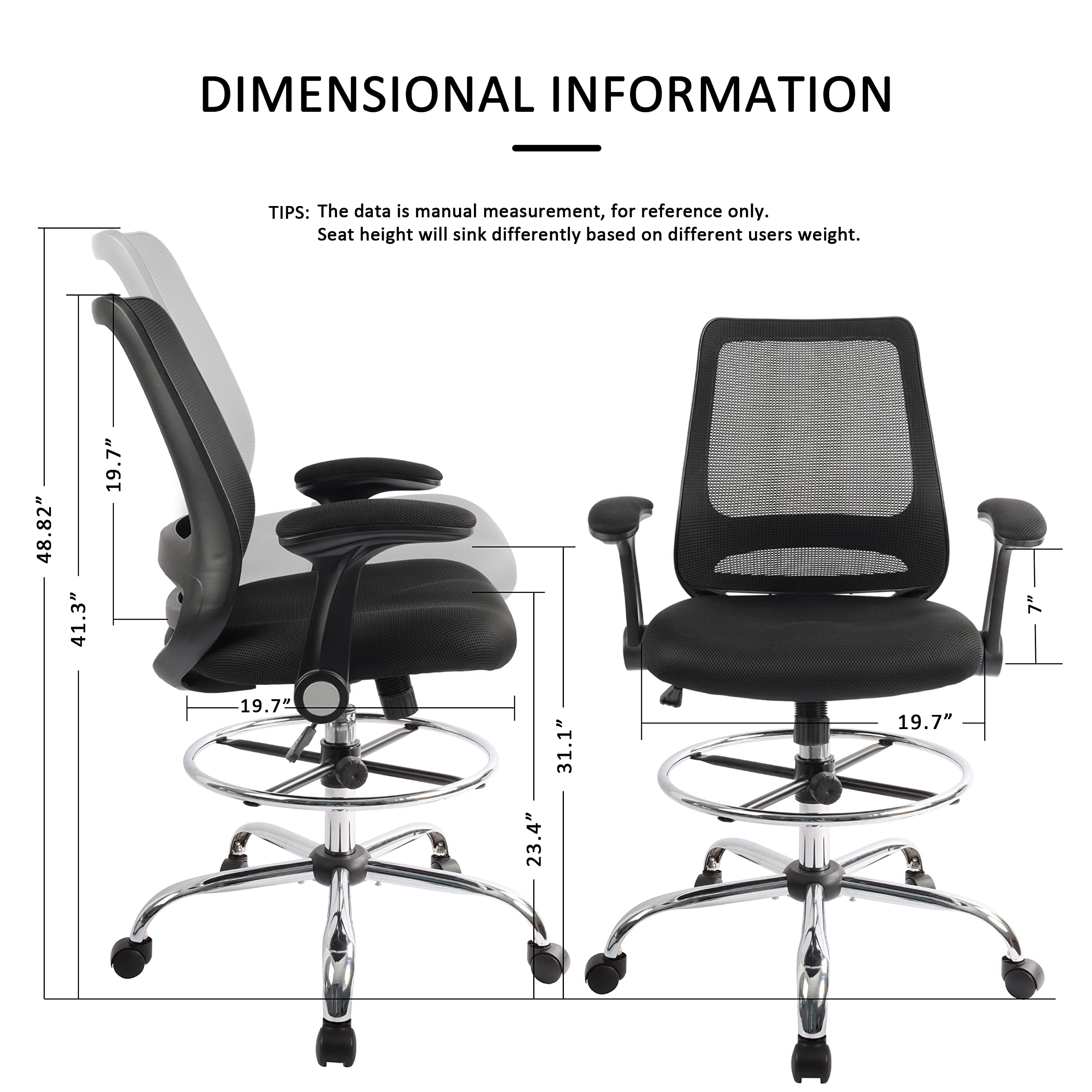 Drafting Chair, Height Adjustable Tall Office Chair, Standing Desk Chair with Adjustable Foot Ring and Flip-Up Arms, Black