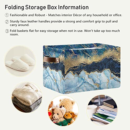Blue Gold Marble Abstract Modern Square Storage Basket Storage Bins Canvas Storage Organizer Closet Shelf Organizer for Home Office, 2 Pc