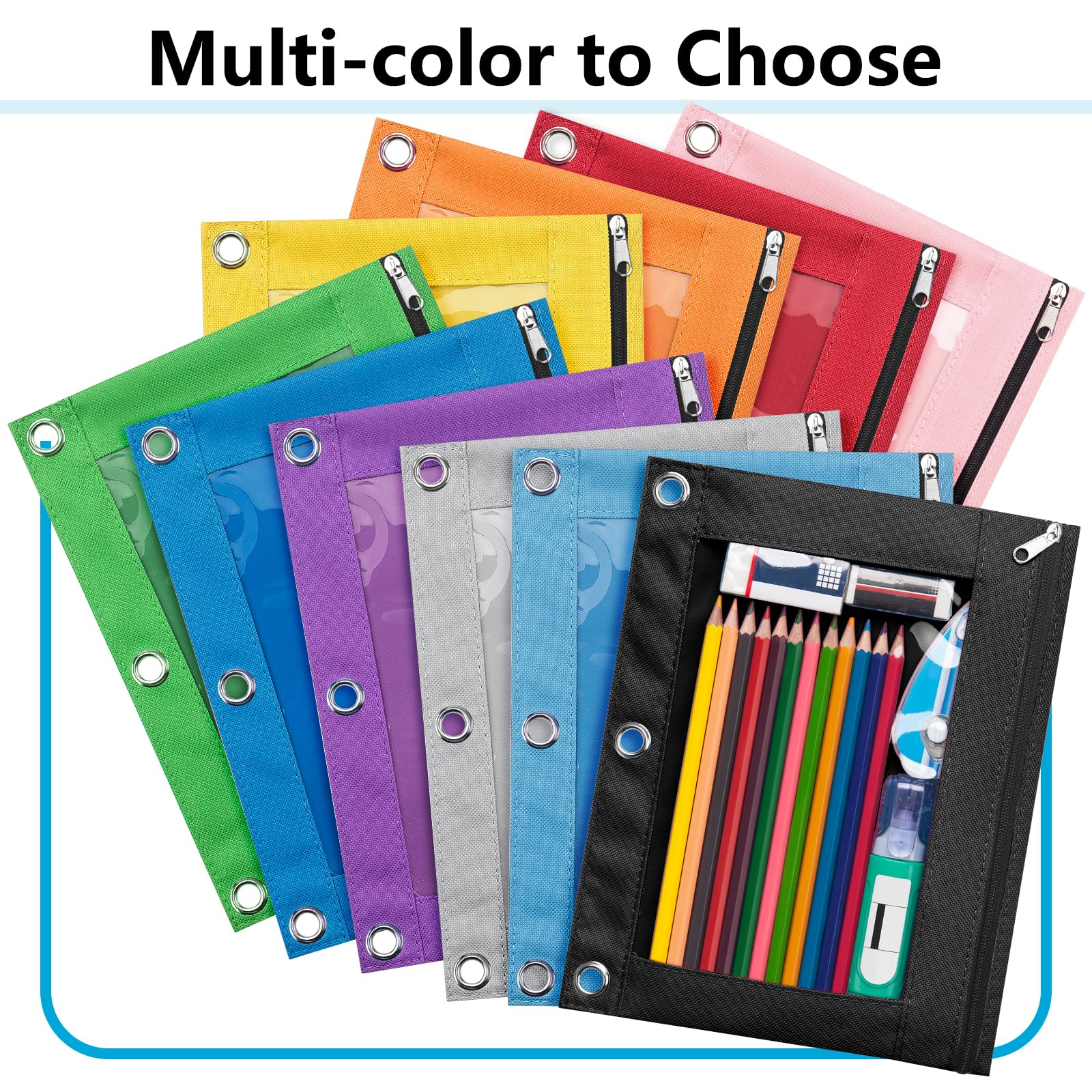 Forvencer Pencil Pouch for 3 Ring Binder, Large Pencil Case Pouch with 3 Reinforced Grommets, Pen Bag, Clear Window Pencil Case, Binder Accessories, Black