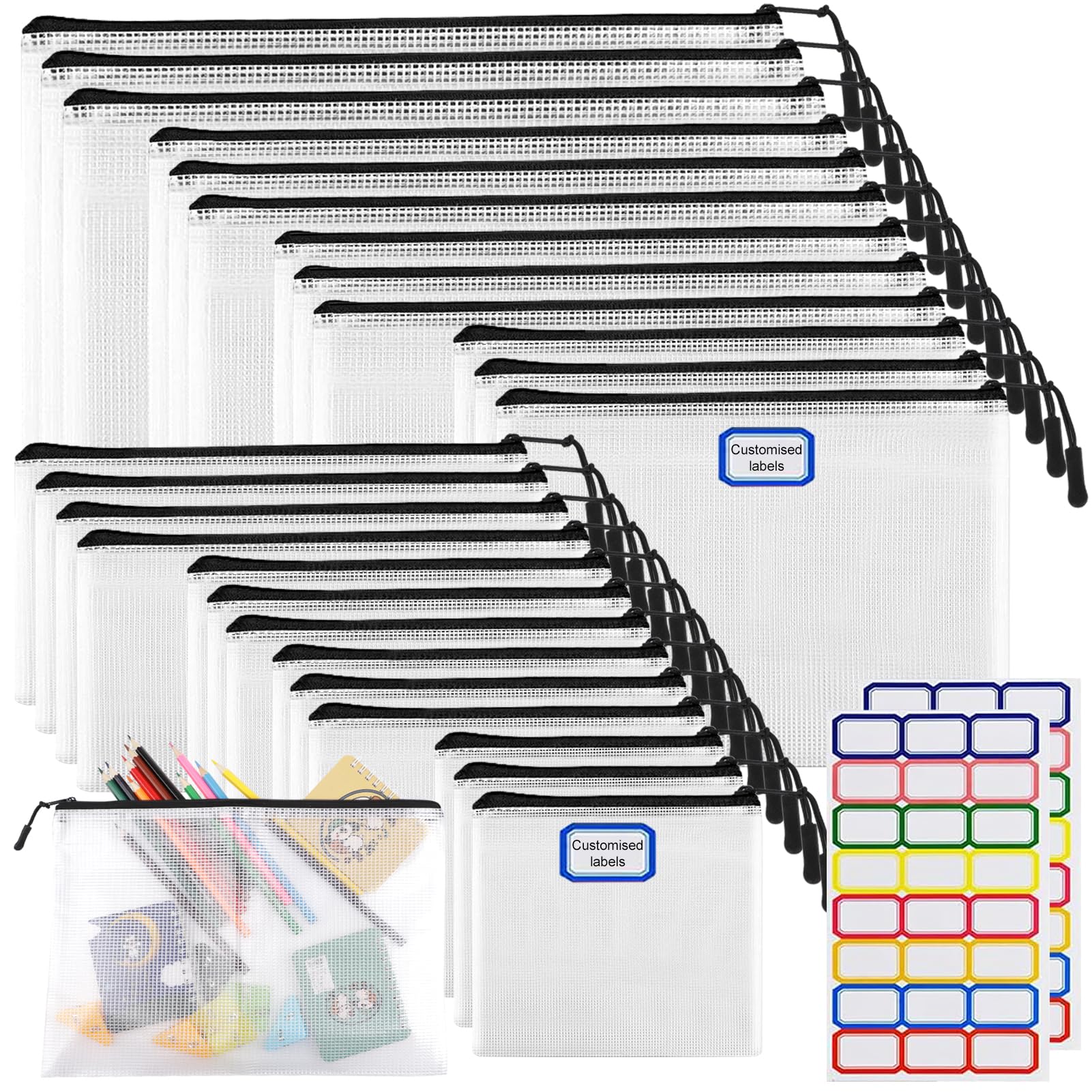 25pcs Multisize Mesh Zipper Pouch Bags, Waterproof Zipper Bags, 8 Sizes Waterproof Plastic Document Pouch, Bags for Travel Storage, Office Supply and Home Organize